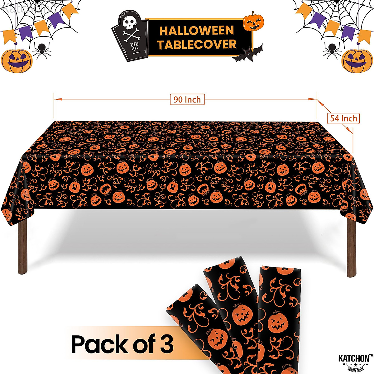 KatchOn, Pumpkin Halloween Tablecloth Plastic - 54x90 Inch, Pack of 3 | Pumpkin Tablecloth, Black and Orange Halloween Table Covers | Halloween Table Cloth Disposable, Pumpkin Halloween Decorations