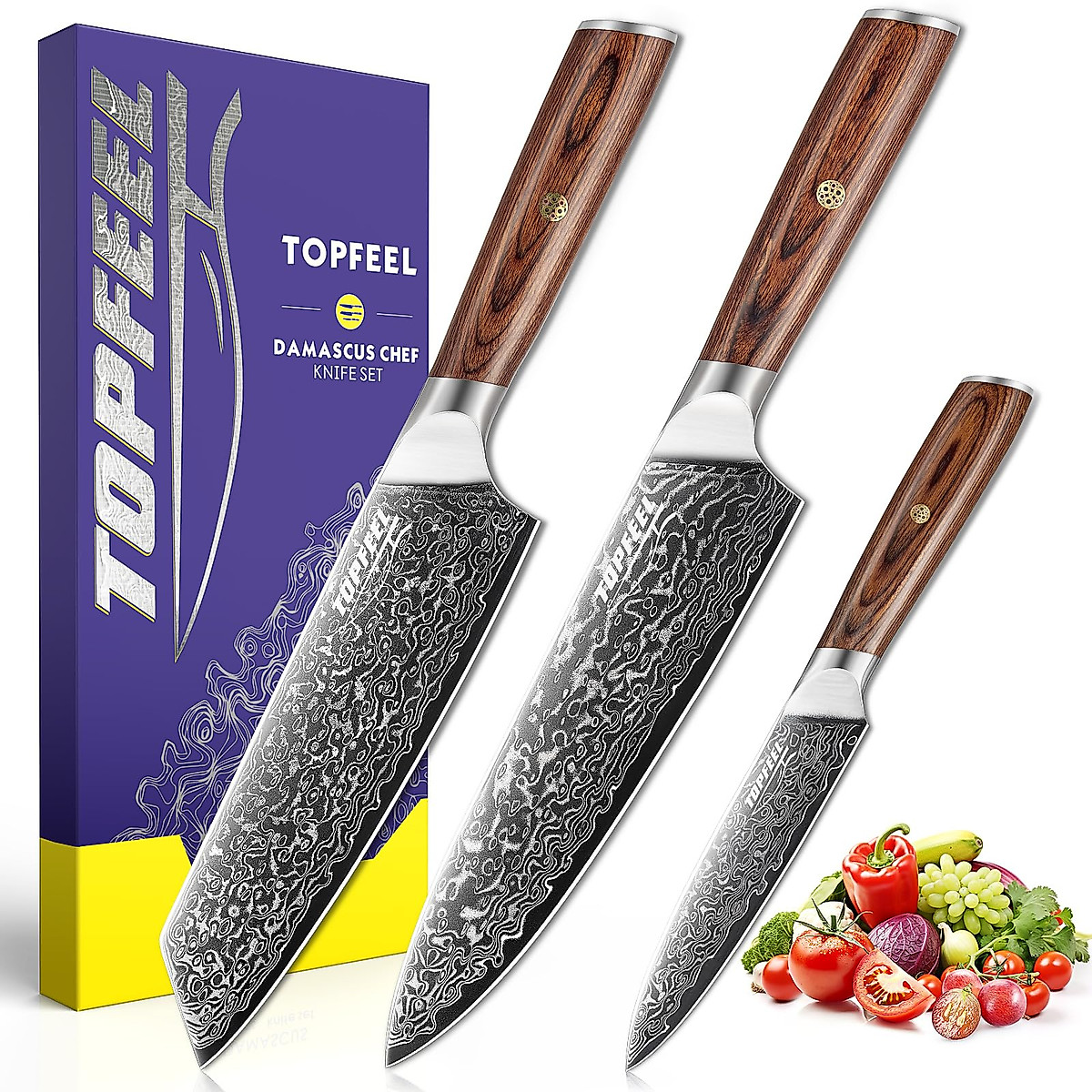 Damascus Kitchen Knife Set 3 PCS, Ultra Sharp Chef Knife Set With Japan VG-10 Steel Core, Professional High Carbon Steel Japanese Knife Sets for Cooking With Ergonomic Wooden Handle & GIFT BOX