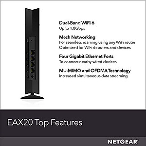 NETGEAR WiFi 6 Mesh Range Extender (EAX20) - Add up to 1,500 sq. ft. and 20+ devices with AX1800 Dual-Band Wireless Signal Booster & Repeater (up to 1.8Gbps speed), plus Smart Roaming