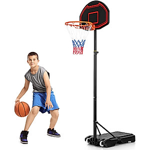GYMAX Basketball Hoop, 6.3 ft-8.1ft Adjustable Basketball Goal with Shatterproof Backboard & Built-in Wheels, All weather Portable Basketball System for Kids Teens Adults, Indoor/Outdoor Gym, Backyard