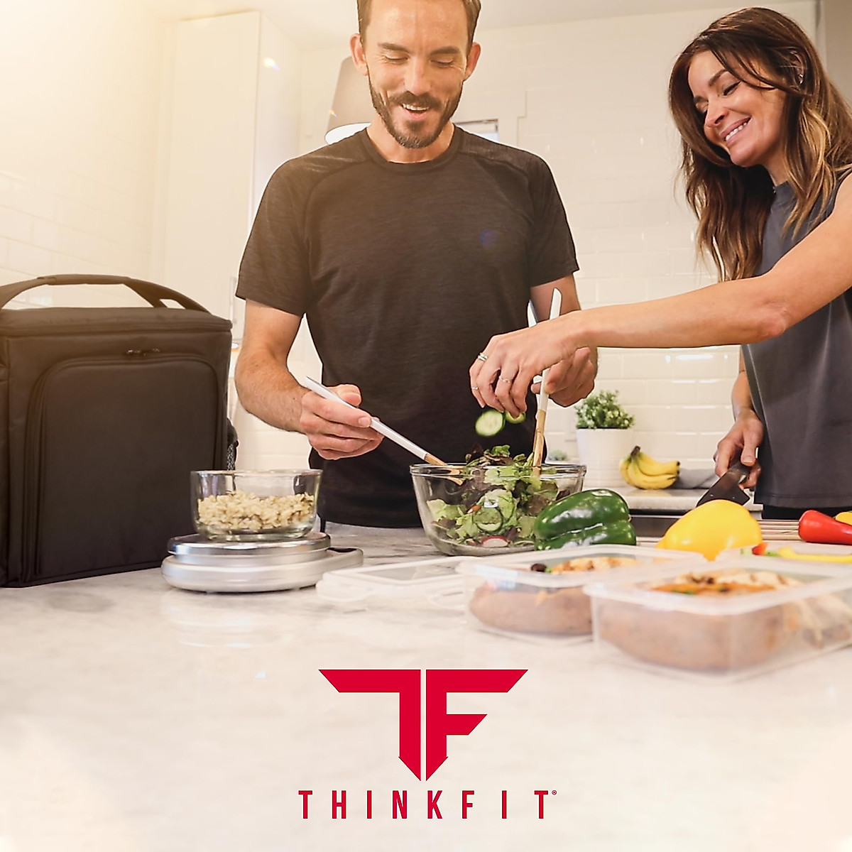 ThinkFit Large Black Meal Prep Lunch Bag, 8 Portion Control Containers, Pill Dispenser, Shaker Cup & 2 XL Reusable Ice Packs