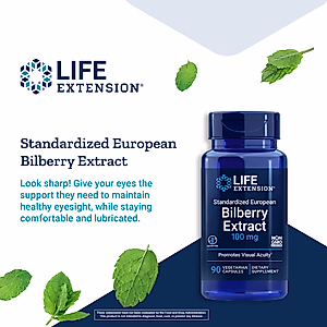 Life Extension Standardized European Bilberry Extract 100 mg – Vaccinium Myrtillus Supplement for Eye and Ocular Health Support – Gluten-Free, Non-GMO, Vegetarian – 90 Capsules