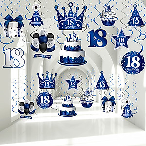 30 Pieces Happy 18th Birthday Party Hanging Swirls Decorations, Navy Blue Silver Black 18th Birthday Foil Swirls Ceiling Decor for Boy Men Cheers to 18 Years Birthday Anniversary Decorations Supplies