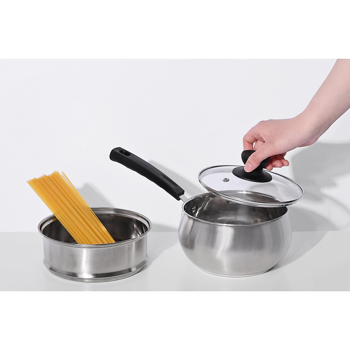 Stainless Steel Saucepan, 1.5 QT Sauce Pan with Steamer & Glass Lid for Cooking, 2-Tier Multipurpose Small Sauce pot Steam Pot for Vegetables, Seafood, Soups, Stews, Pasta, Induction Safe