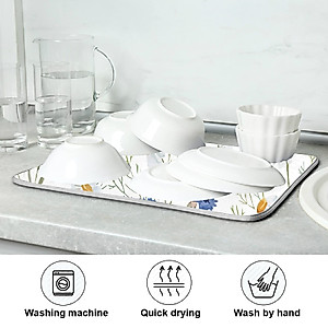 ElliTarr Daisy Floral Blue Dish Drying Mat for Kitchen Counter Microfiber Absorbent Dish Drainer Mat Small Kitchen Drying Rack Mat Heat Resistant Drying Pad for Counter 16 x 18