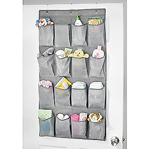 mDesign Soft Fabric Over the Door Hanging Storage Organizer with 16 Deep Pockets for Child/Kids Room, Nursery, Playroom - Metal Hooks Included - Herringbone Print - Gray