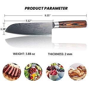 Santoku Knife, 5 Inch Professional Kitchen Chef Knife with Sheath, German High Carbon Stainless Steel Ultra Sharp Knife, Chef Knives with Ergonomic Handle and Gift Box