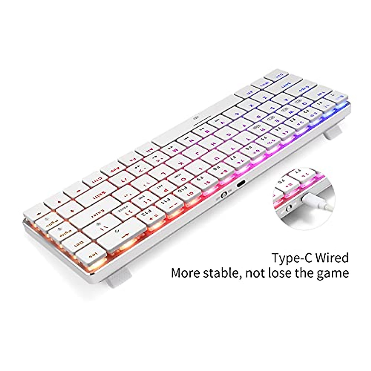 HUO JI 60% Compact RGB Wireless Mechanical Gaming Keyboard, Blue Switches, Bluetooth 5.0, Wired Keyboard 69 Keys for PC Tablet Laptop Cell Phone, White