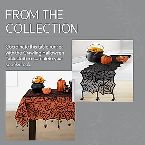 Elrene Home Fashions Crawling Spider Halloween Lace Table Runner and Mantle Scarf, Seasonal Halloween Table Runner, 13" x 70", Black