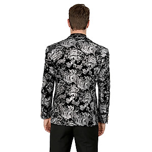 MAGE MALE Men's Dress Party Floral Suit Jacket Notched Lapel Slim Fit Two Button Stylish Blazer Black with Silver
