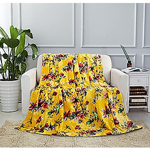 DaDa Bedding Vibrant Tropical Hummingbird Throw Blanket - Sunny Yellow Fleece Bright Super Soft Faux Mink for Sofa or Couch - Cozy & Lightweight - 63" x 90