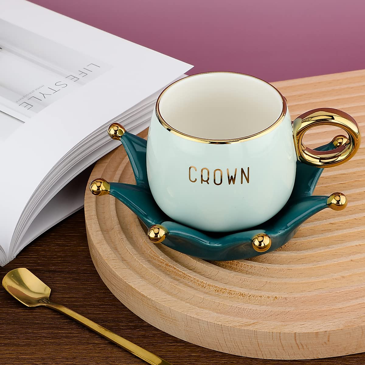 7.4 OZ Mug Ceramic Coffee Cup with Crown Saucer & Spoon, Christmas Gifts Mom Birthday Gifts Mother's Day for Mother,Espresso Coffee mug Tea cup (green)