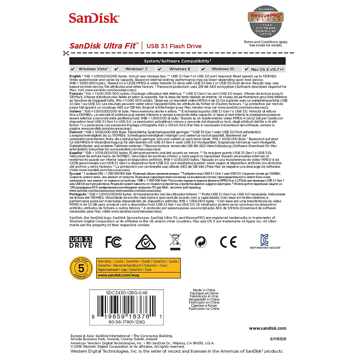 SanDisk Ultra Fit 128GB USB 3.0 Flash Drive - SDCZ43-128G-GAM46