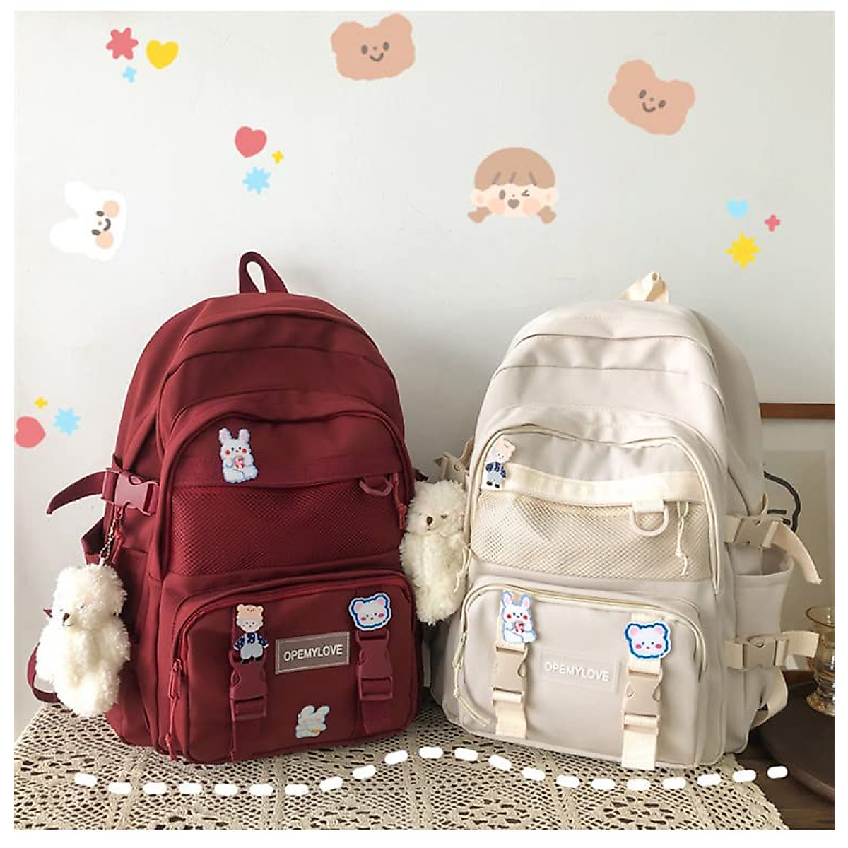 ANEBIPLE Aesthetic Kawaii Nylon Lighteweighted Portable Laptop Backpack with A Cute Bear Pendant, Large Capcity (Red)