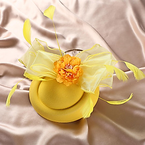 Zinniday Yellow Feathers Veil Fascinators - 50s Cute Flower Headwear Tea Party Hats Artificial Floral Hat Decor with Hair Clip for Women Girls