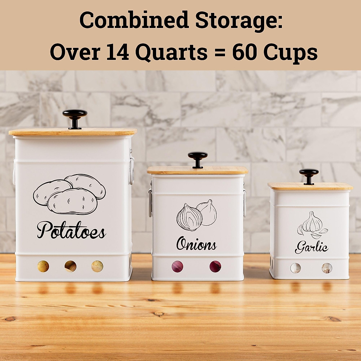 Potato Onion Garlic Storage Set of 3 Ventilated Iron Canisters with Bamboo Lids - Potato and Onion Storage Bin for Pantry - Kitchen Vegetable Storage Containers - Cute Metal Vegetable Bin Set of 3