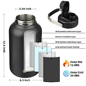 BJPKPK 1 Gallon Water Bottle Insulated, Dishwasher Safe 128oz Large Water Jug with Metal Handle & BPA Free Spout Lid, Stainless Steel Metal Water Bottle for Gym, Sports & Hiking, Black