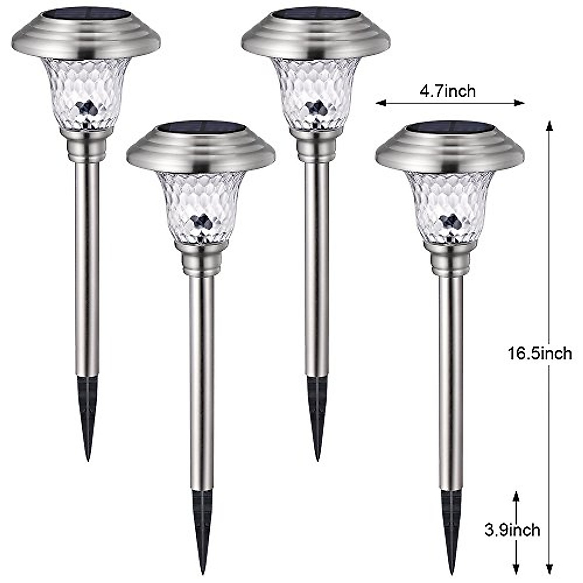 BEAU JARDIN 4 Pack Solar Lights Pathway Outdoor Waterproof Supper Bright Up to 12 Hrs Glass Stainless Steel Metal Auto On/Off Solar Powered Landscape LED Lighting for Garden Yard Walkway Stakes BG136