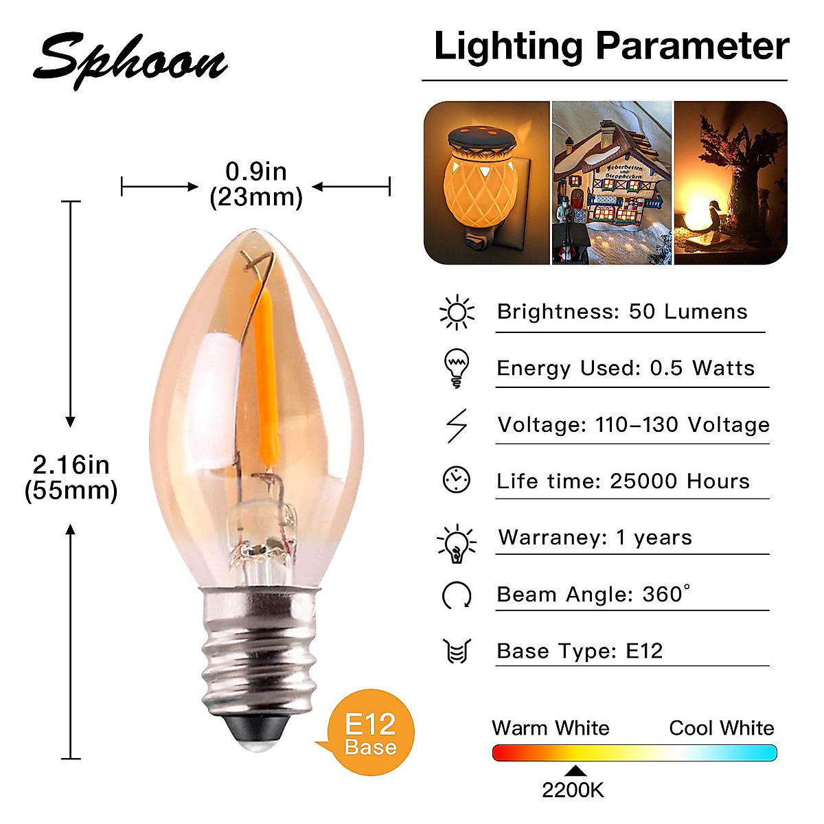 Sphoon C7 LED Bulb, 0.5W Nightlight Candle Bulb, Amber Glow 5w Incandescent Replacements E12 Candelabra Base led Filament Night Bulb Ultra Warm White 2200K Decorative String Edison Lamp Pack of 5
