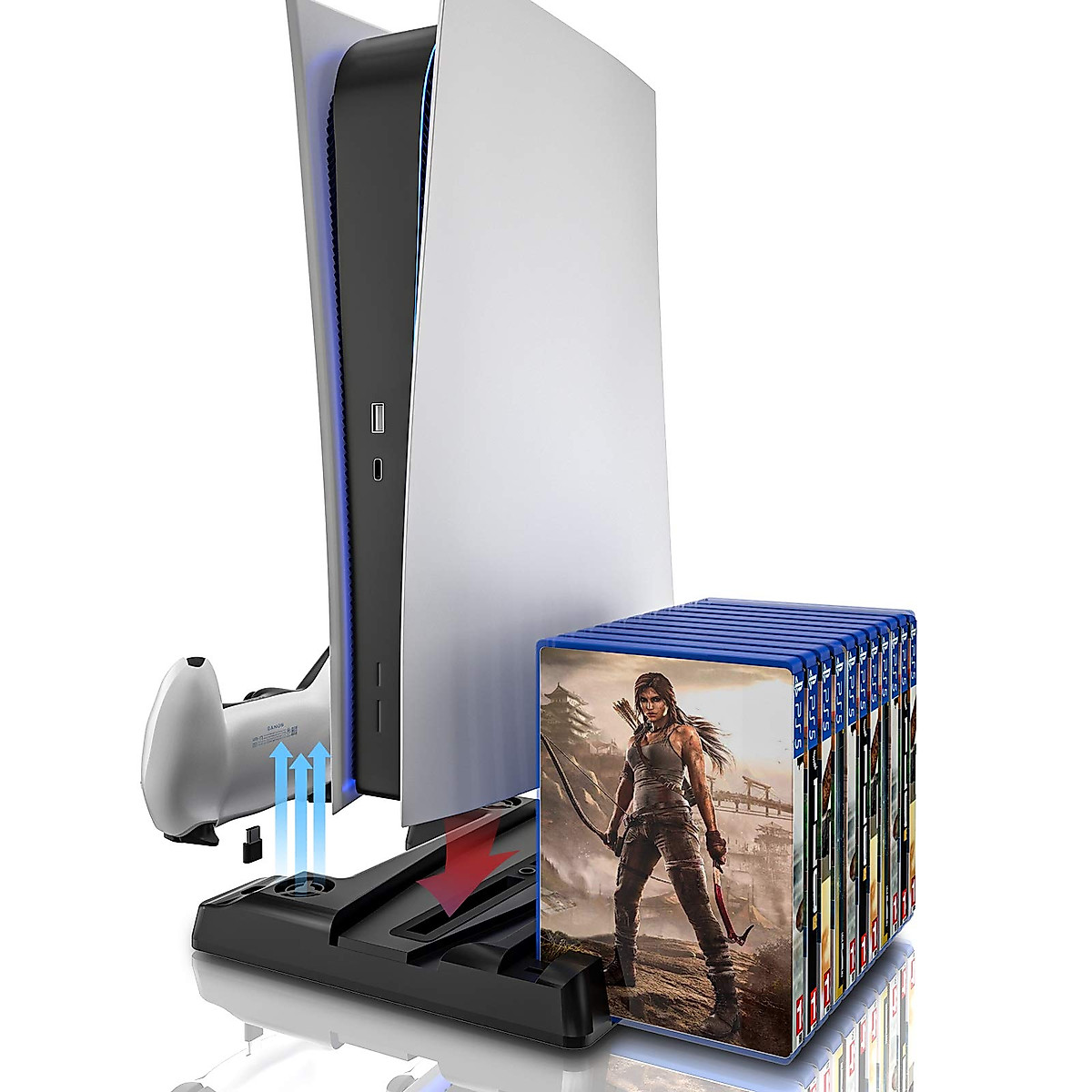 ECHZOVE PS5 Stand with Controller Charger and Cooling Fan, PS5 Digital/Disc Version Stand, PS5 Controller Charger with USB C Cable, PS5 Cooling Stand