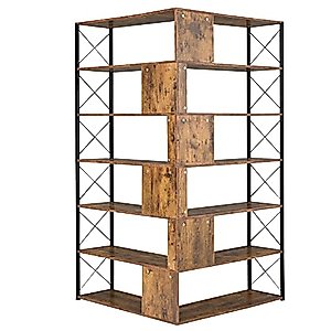 7-Tier Corner Bookshelf, Home Office Bookshelf, L-Shaped Corner Bookcase with Metal Frame, Industrial Style Shelf with Open Storage, MDF Board (Brown)