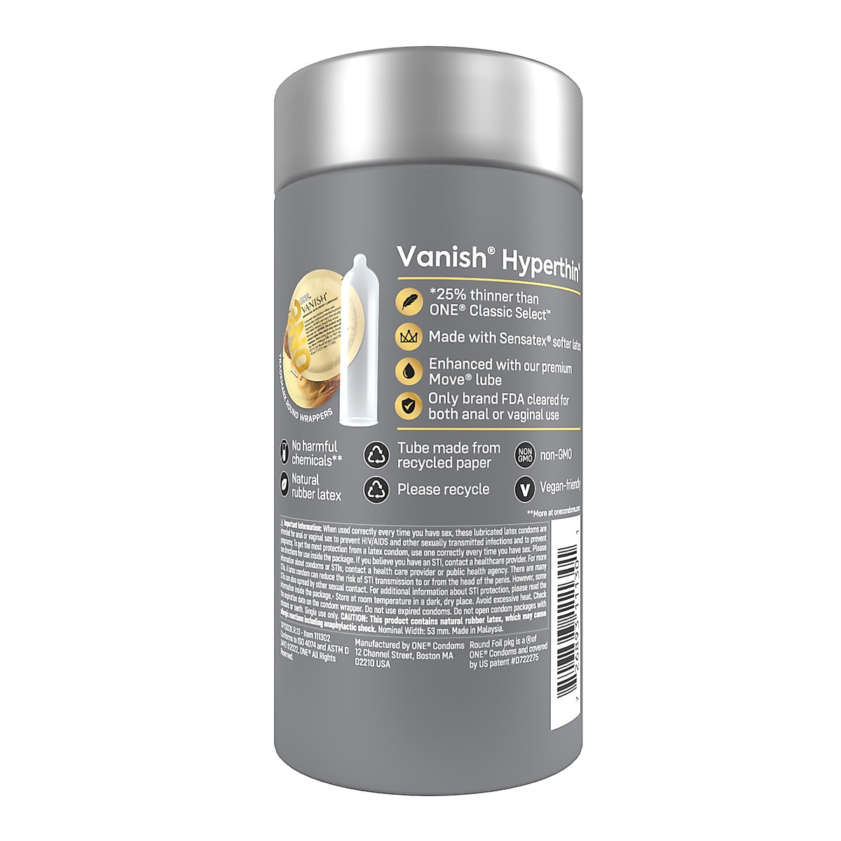 ONE® Vanish® Hyperthin® Condoms | Vegan-Friendly Ultra-Thin Latex Condoms | Non-GMO | Natural Rubber Latex | 12-Pack