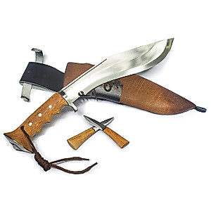ESK Hand-Hammered Historical Iraqi Kukri Knife, 10” Blade Carbon Steel Kukri with Leather Sheath and 2 small knives, Handmade in Nepal by Bishwakarmas