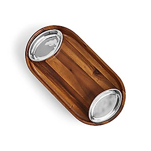 nambe Oblong Nest Chip and Dip Serving Bowl | Wooden Appetizer Platter Set with Oven Safe Metal Dip Cup for Salsa, Guacamole, Nacho, Vegetables | Measures at 13” L x 6.5” W | Designed by Neil Cohen