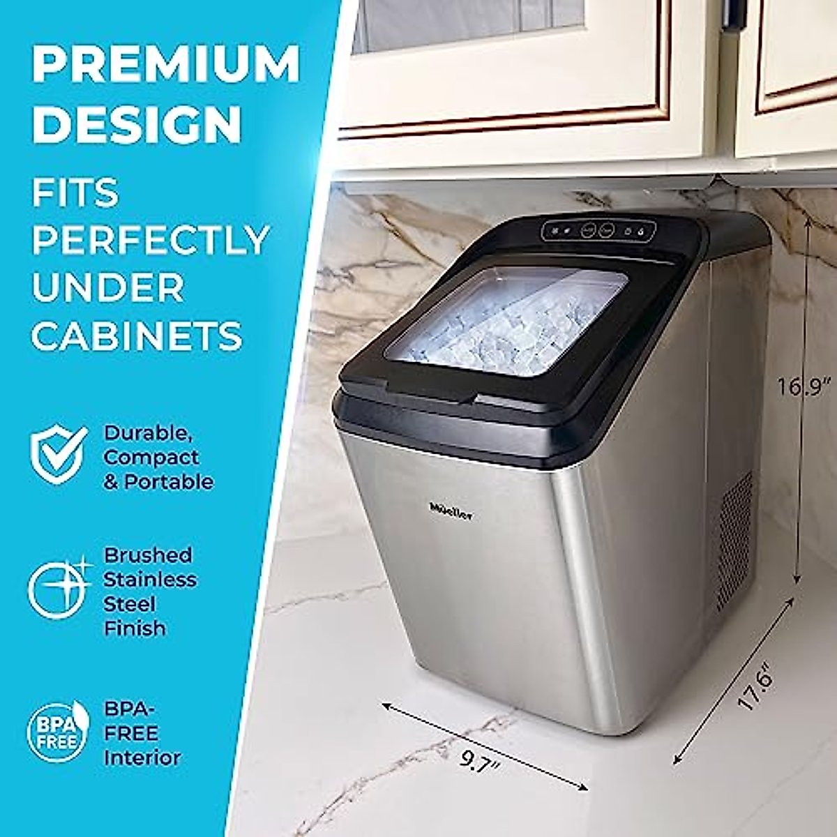 Mueller Nugget Ice Maker Machine, Quietest Heavy-Duty Countertop Ice Machine, 30 lbs of Ice per Day, Compact Portable Ice Cube Maker, 3 QT Water Reservoir, Self-Cleaning with Basket