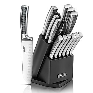 Knife Set, Knife Set for Kitchen, 14-Piece Stainless Steel Kitchen Knife Block Sets with Built-in Sharpener, Rotating Block
