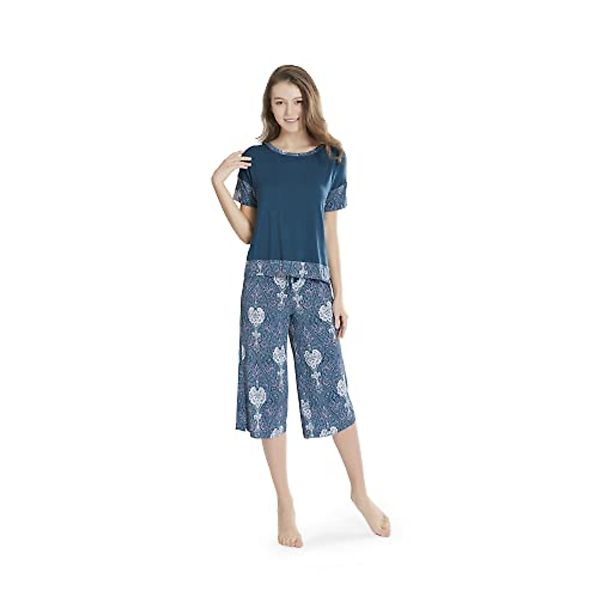 INK+IVY Pajamas for Women - Short Sleeve and Capri Pants PJ Set Loungewear, Casual Soft Breathable Sleepwear, Large, Bohemian Night Navy 2 Piece