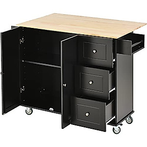 OPTOUGH Rolling Mobile Kitchen Island with Locking Wheels,Storage Cabinet and Drop Leaf Breakfast Bar, Kitchen Cart for Home w/Spice Rack,Towel Rack & Drawer,Black