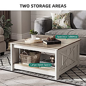YITAHOME Coffee Table Farmhouse Coffee Table with Storage Rustic Wood Cocktail Table,Square Coffee Table for Living Meeting Room with Half Open Storage Compartment,Grey Wash