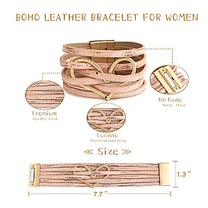 hotoo Pink Leather Wrap Bracelets for Women Boho Bracelet Heart Aesthetic Cuff Friendship Multi-layer Christmas Gifts for Her
