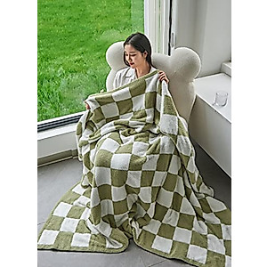 ATMOSURELY Ultra Soft Cozy Knitted Checkered Throw Blanket Microfiber Checkerboard Fluffy Blanket Sage Green Lightweight Fleece Blanket for Travel Sofa Couch 51x63 Inches (Checker Sage Green)