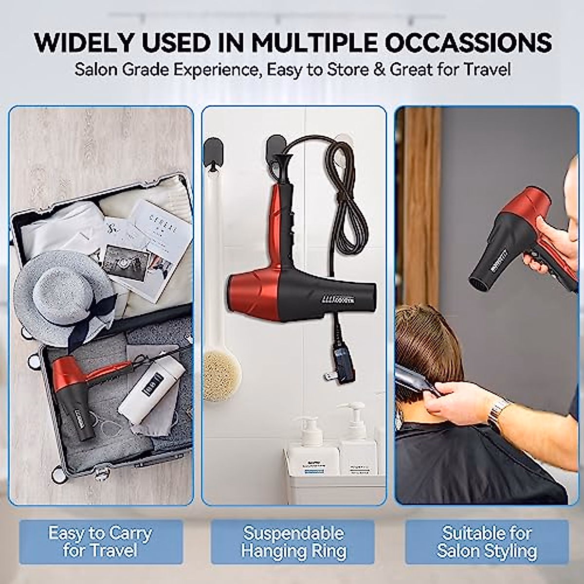WADODO Hair Dryer, 2200W Professional Ionic Blow Dryer with Blue Ray Hair Care, Powerful Salon Fast Drying Constant Temperature Low Noise AC Motor Curly Hairdryer Blowdryer for Women Men(Black & Red)