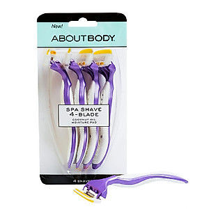 About Body Spa Shave 4-Blade Disposable Razors, Premium Disposable Shavers With Coconut Oil Moisture Pad, 4 Count