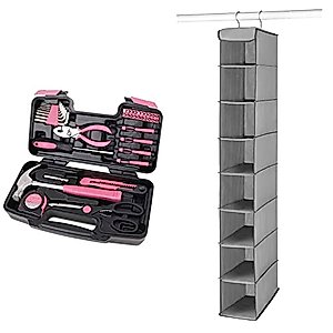 Apollo Tools Original 39 Piece General Household Tool Set in Toolbox Storage Case & Whitmor Hanging Shoe Shelves - 8 Section - Closet Organizer - Grey