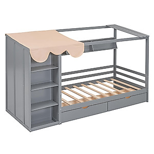 Merax Twin Size House Bed Frame with 2 Drawers, Built-in Wardrobe, Storage Shelves, Guardrail and Curtain, Wooden Bed for Kids