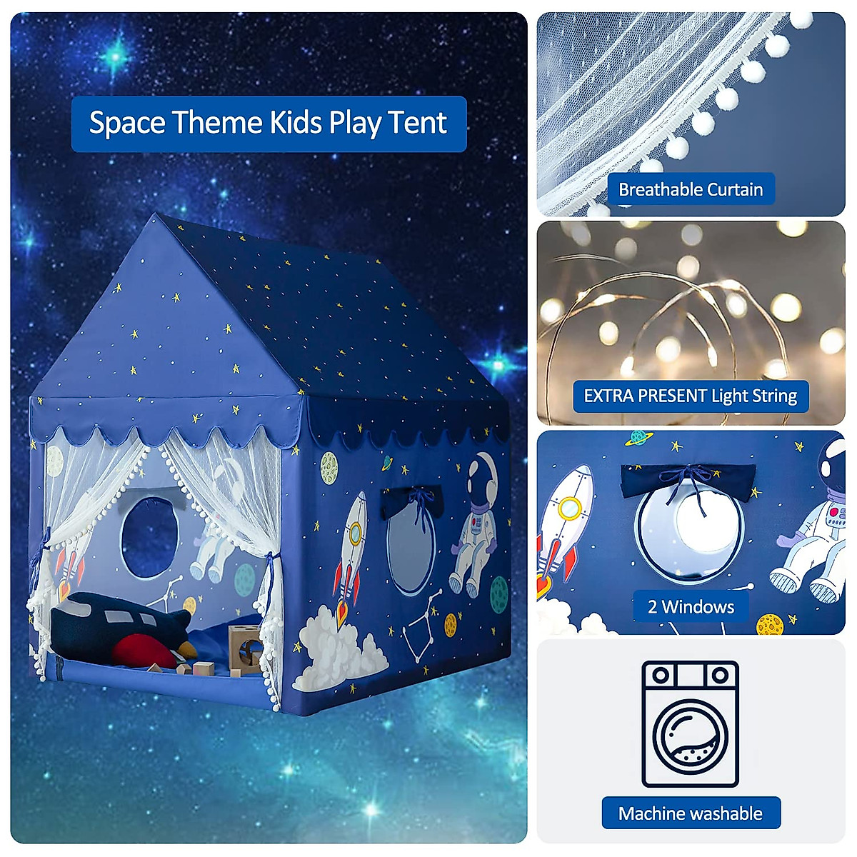 Kids Play Tent Playhouse Indoor Outdoor Boys Toddler Large Castle Play House Spaceship Tent, Outer Space Rocket Blue