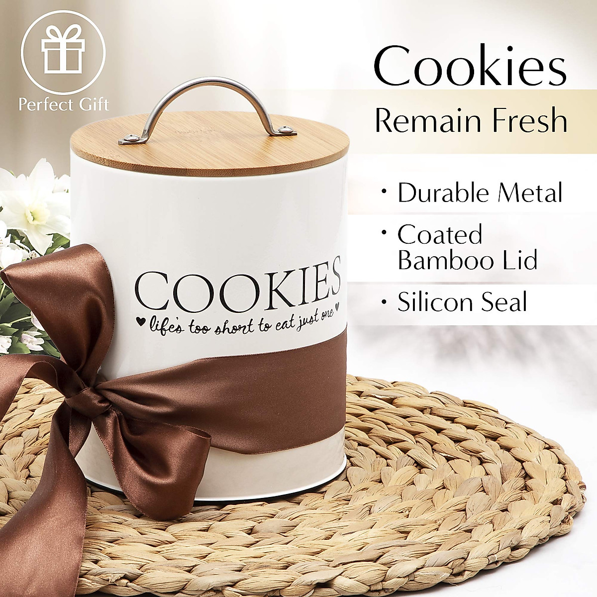 D'Lifeful Farmhouse Cookie Jars for Kitchen Counter with Airtight Seal Bamboo Lid - Decorative Tin Cookie Jar with Lids - Storage Container for Cookies and Baking Supplies