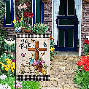 Hzppyz He is Risen Easter Cross Eggs Religious Garden Flag Double Sided, Faith Lily Lamb Butterfly Decorative Yard Outdoor Home Small Decor, Buffalo Plaid Check Burlap Outside House Decoration 12 x 18