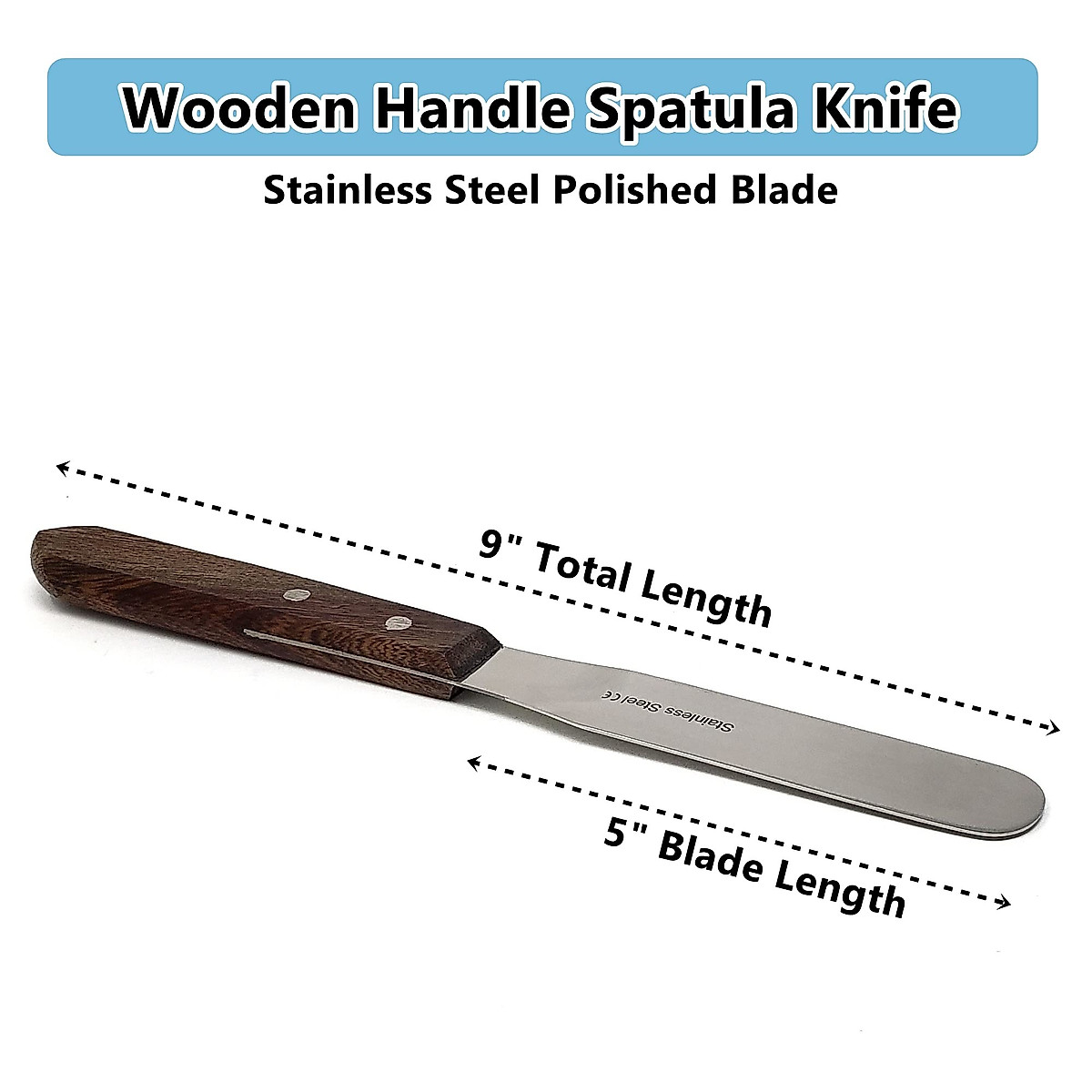 A2Z-WHS5 Stainless Steel Lab Spatula with Wooden Handle, 5" Blade, 0.88" Blade Width, 9.08" Total Length