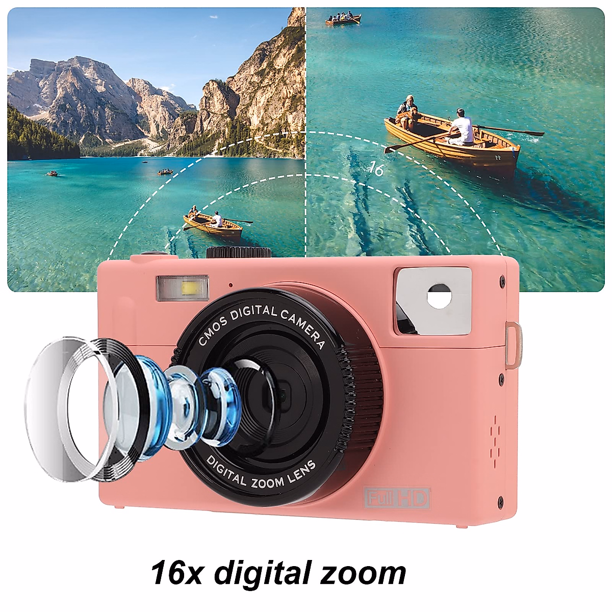 Digital 1080P FHD Mini Video Camera 24MP with 3 inch LCD Screen, Portable Micro Single Mirrorless Camera 16X Digital Zoom, Rechargeable Students Compact Pocket Camera, for Kids,Adult,Beginners(Pink)