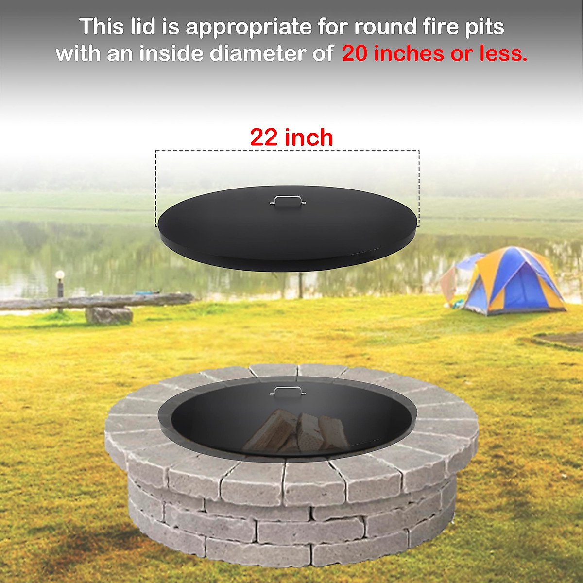 SIMOND STORE - Fire Pit Lid Round - Fire Pit Snuffer Lid 22 inch Diameter, Drop-in Burner Fire Pit Pan Lid- 1.5 mm Thickness- Grill Fire Ring Lid with Handle