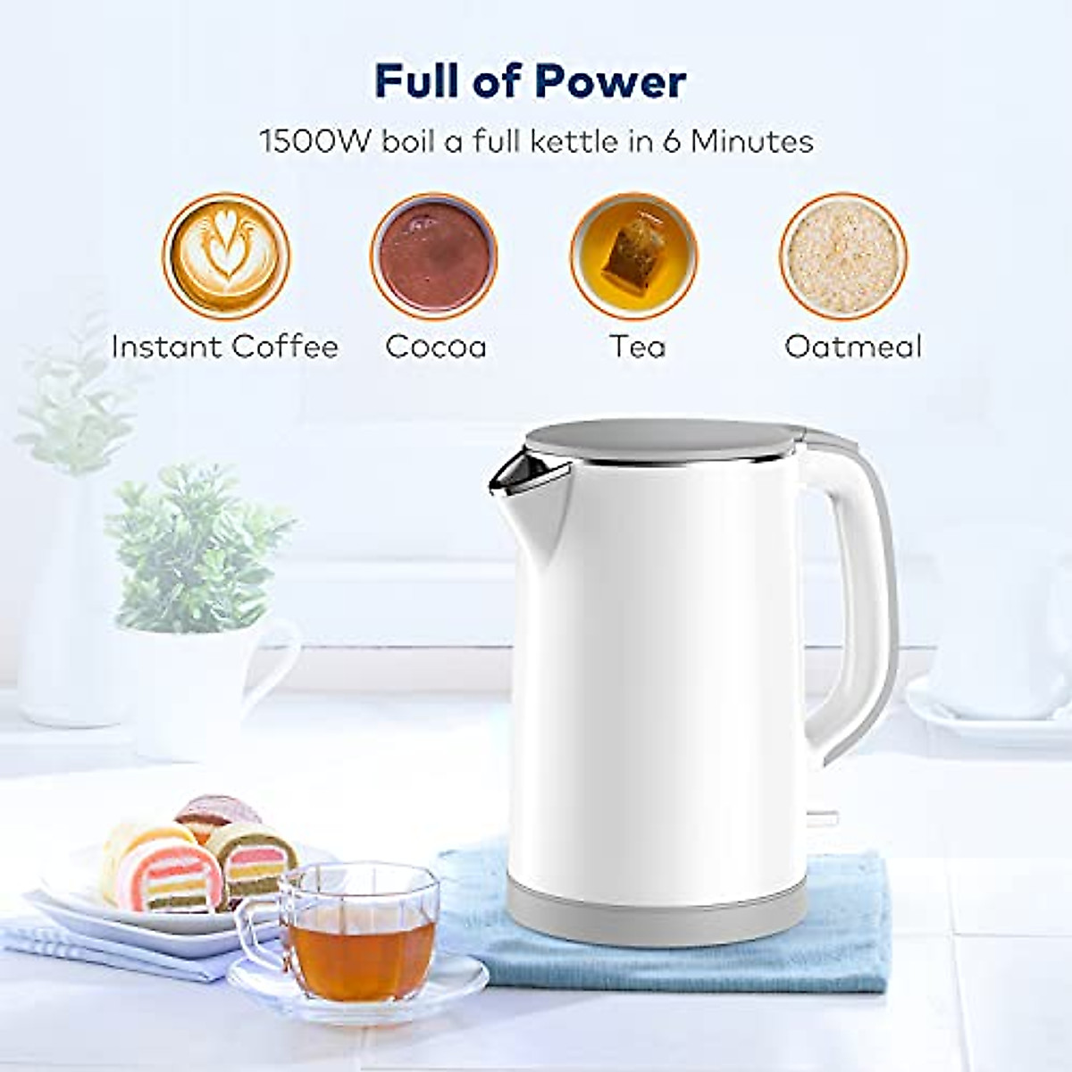 Miroc Electric Kettle, Double Wall 100percent Stainless Steel Cool Touch Tea Kettle with 1500W Fast Boiling Heater, Cordless with Auto Shut-Off & Boil Dry Protection, BPA-Free, White