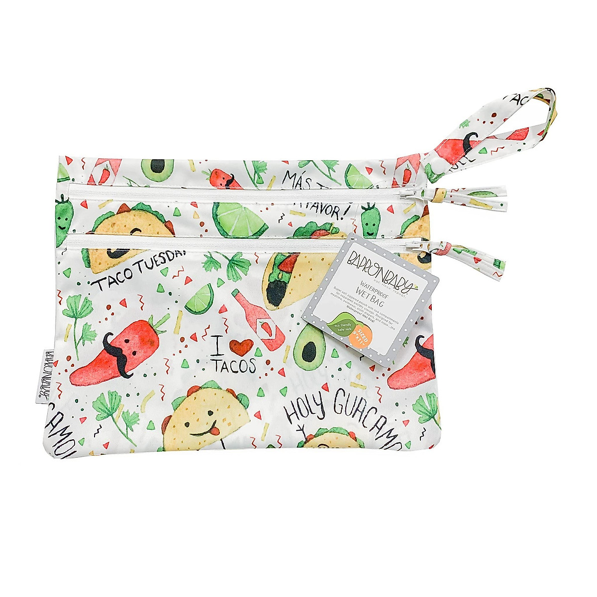 BapronBaby Taco Party Wet Dry Bag - Waterproof Two Zipper Pockets - Reusable for Mealtime, Diapers, Stroller, Snacks, Swimsuits - Machine Washable - 11" x 9"