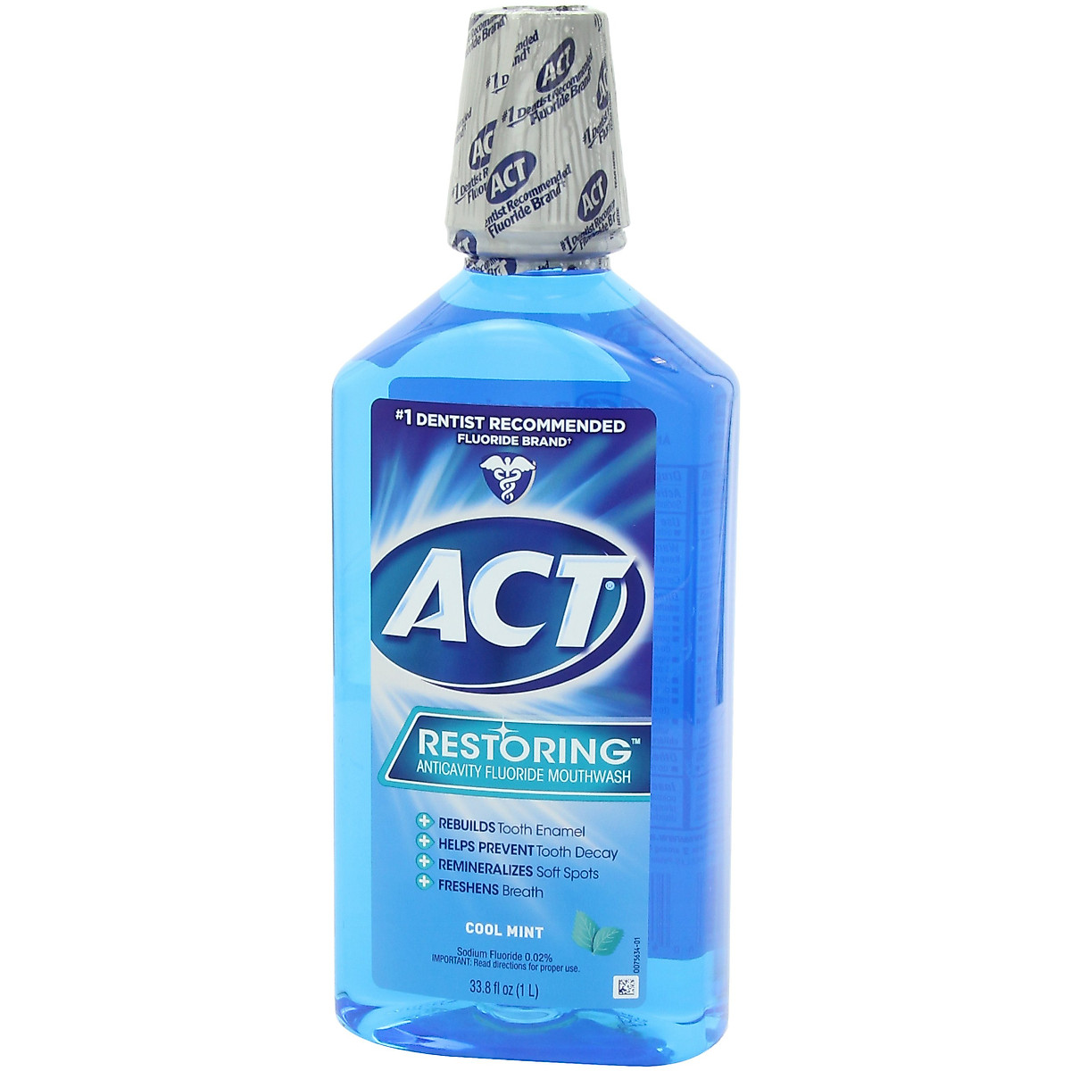 ACT Restoring Fluoride Mouthwash 33.8 fl. oz. Strengthens Tooth Enamel, Cool Mint