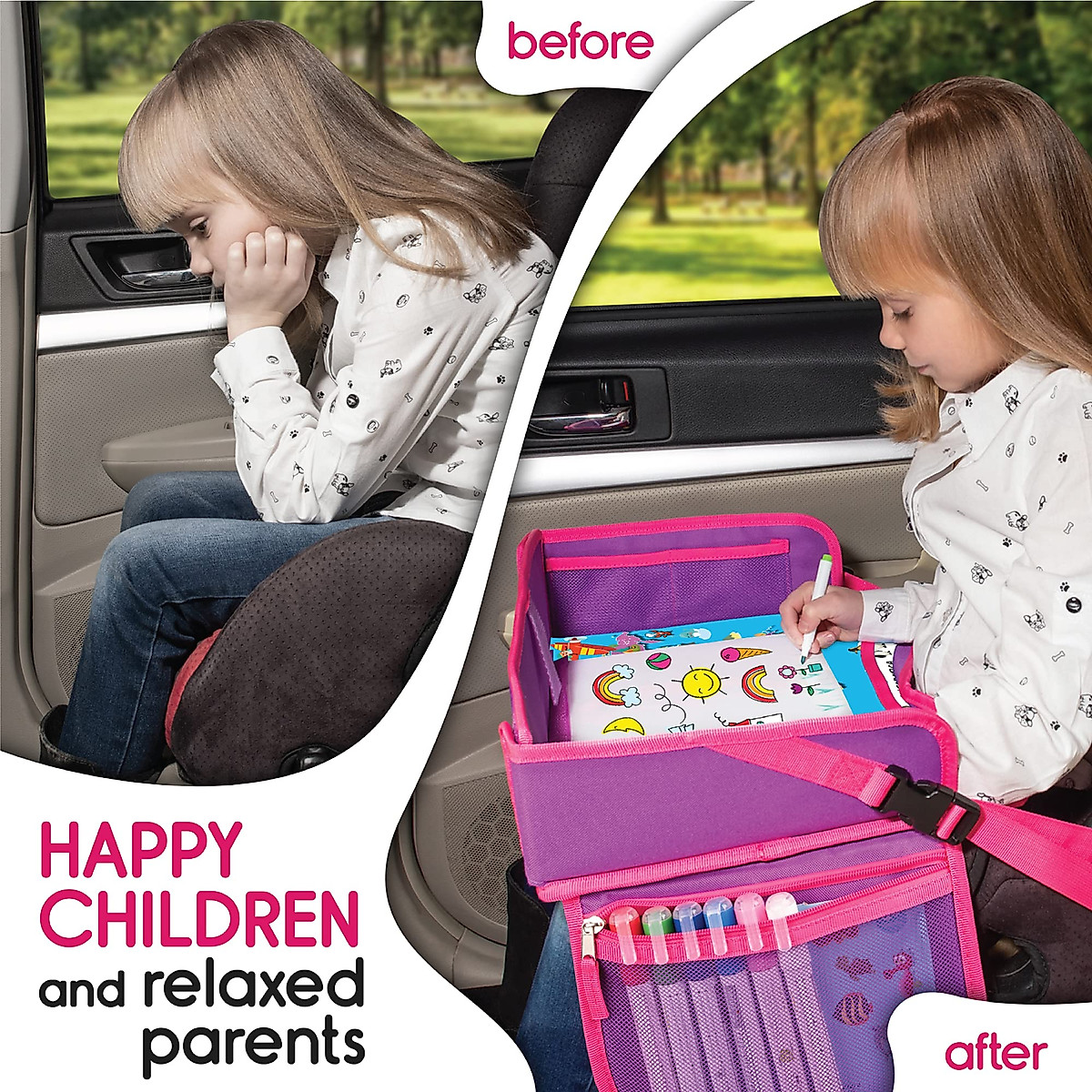 ECOFANTASY Kids Travel Tray - Waterproof Lap Table with No-Drop Large Tablet Holder - Car Seat Tray - Road Trip Essentials Kids - Car Desk Organizer for Airplane - Toddler Travel Essentials (Pink)