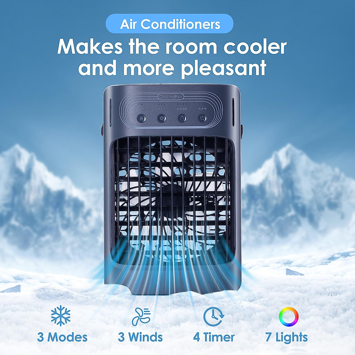 TAKSHO Portable Air Conditioner 3 Cold Wind Speeds-3 Mist Levels, 7 Color-Changing LED Lights - 10W & 32 oz Water Tank, USB-Powered Evaporative Air Cooler Unit with 2-8 Hour Timer, Portable air cooler